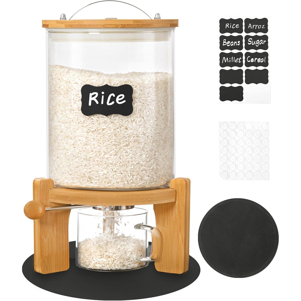 5 lbs Glass Rice Dispenser with Wooden Stand Flour and Cereal Container ...