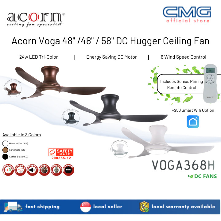 Acorn Voga DC-368H Hugger DC Ceiling Fan 38" / 48" / 58" with 24W Tri ...
