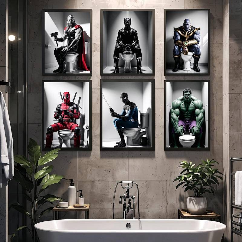 Marvel Bathroom Superhero Art Set Spider-Man Thanos Hulk Black Panther Thor & Deadpool on Toilet ...