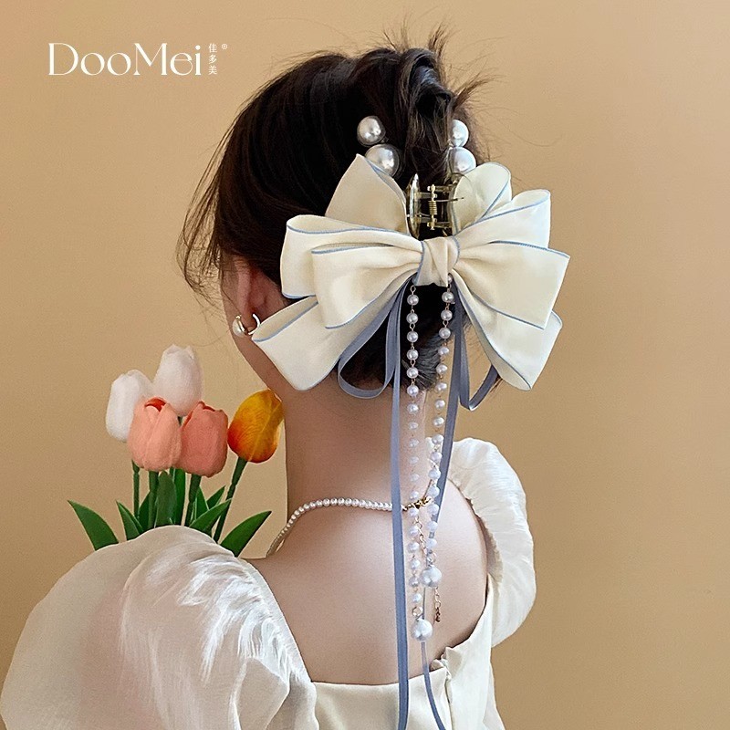 Super Fairy Bow Pearl Flow Hair Clip Female 2024 High-End Shark Clip ...