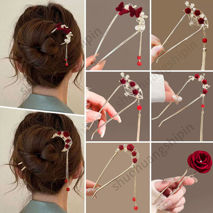 New Year's New Style Red Rose u-Shaped Hairpin Chinese Style Elegant ...