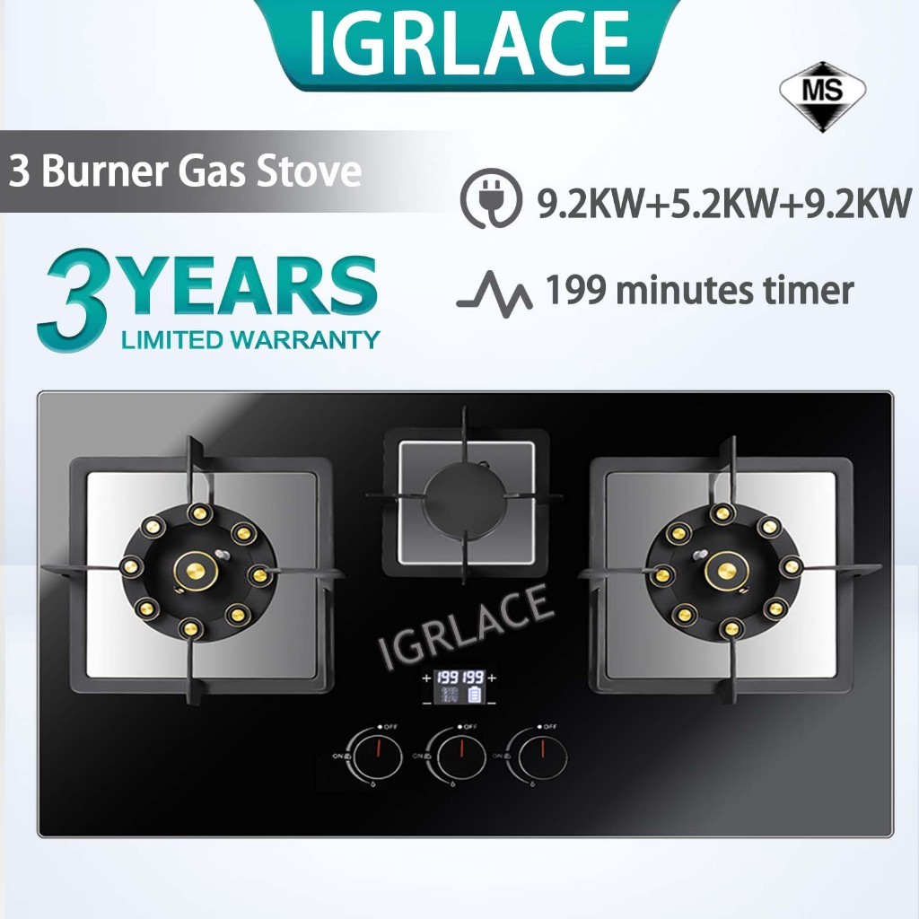 IGRLACE 3 Burner Timer Gas Stove Built-in/Tabletop Gas Kitchen Hob Gas ...