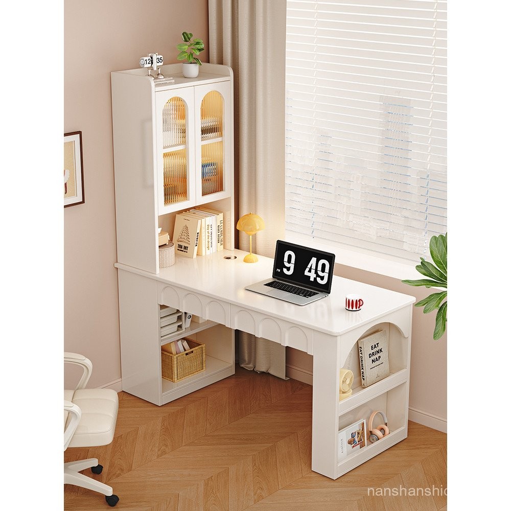 Solid Wood Desk and Bookshelf Combo Cream Style Small Corner Desk ...
