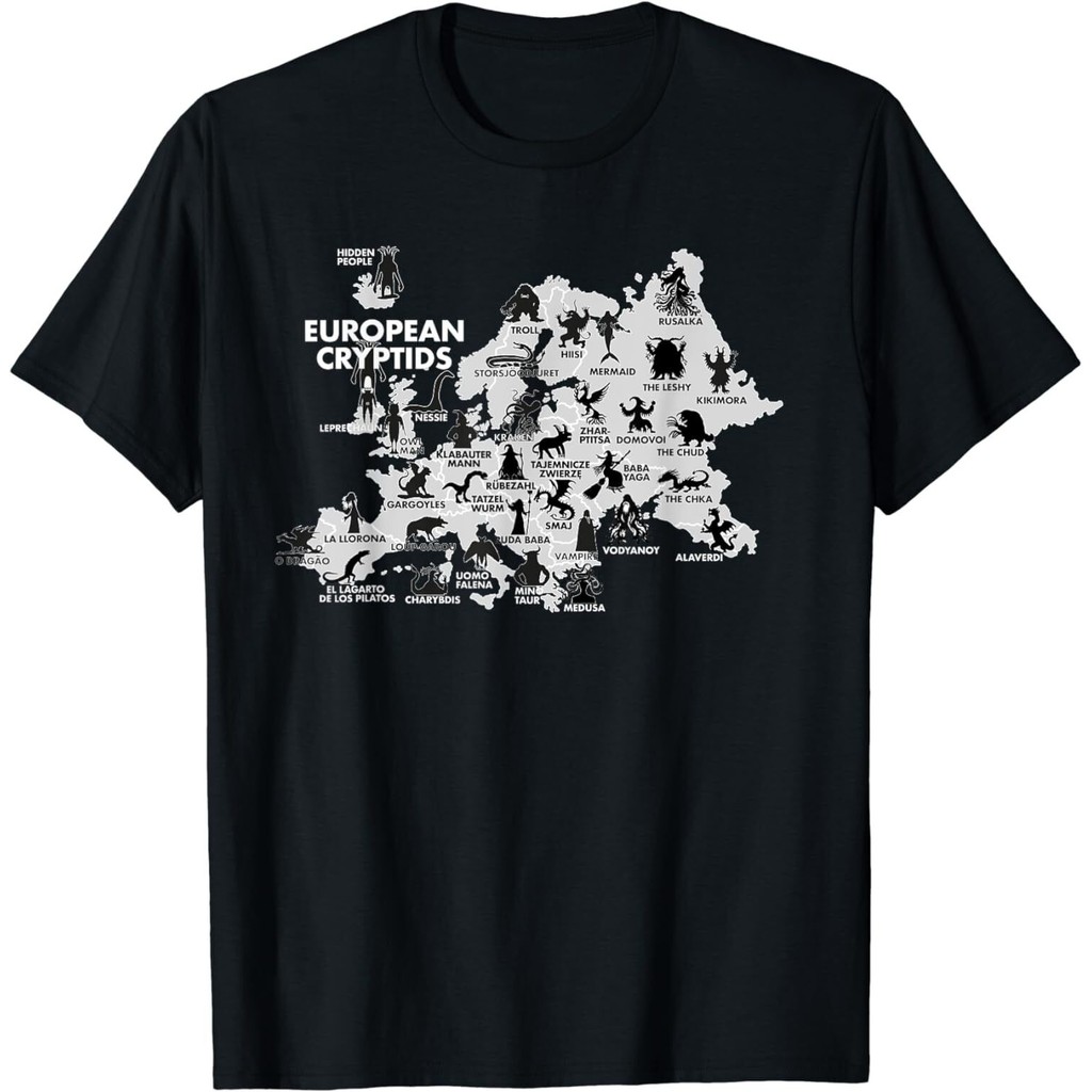 Cryptids Of Europe Map Mythical Legendary Monsters Tee Shirt | Shopee Singapore