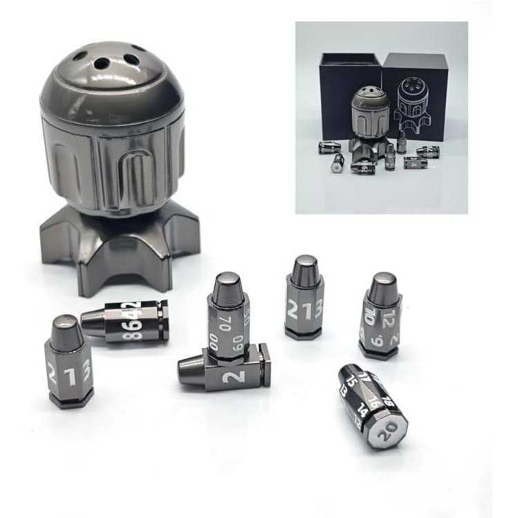 Metal Polyhedral Bullet Dice Set of 7 with Spinning Revolver Cylinder ...