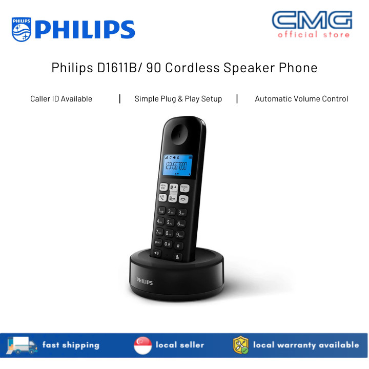 Philips Cordless Phone – Black (D1611B/90) // Plug & Play, Caller ID ...