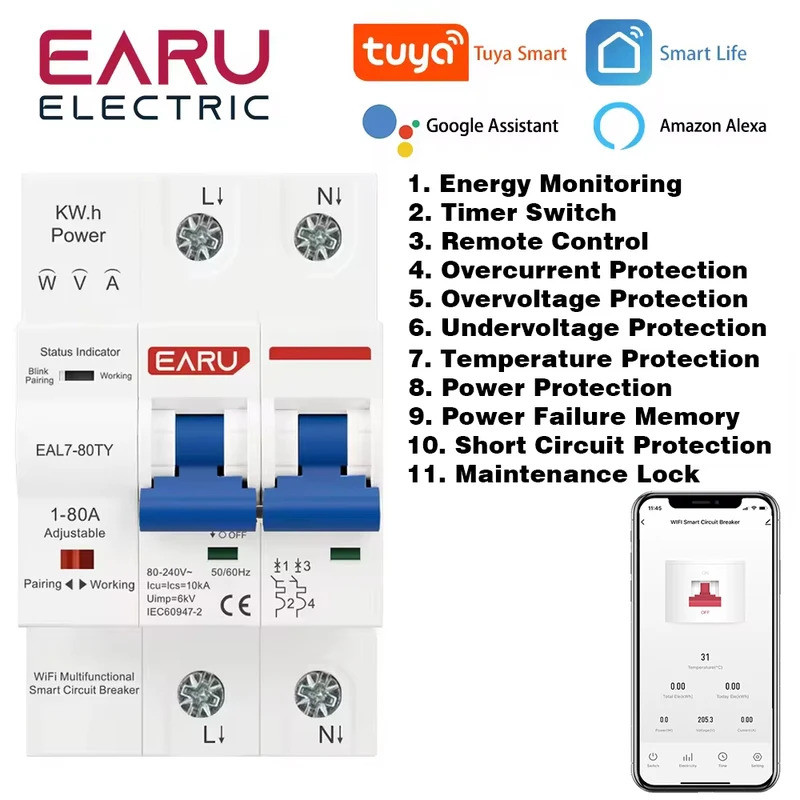 AC230V 1-80A Adjustable TUYA WIFI MCB Smart Circuit Breaker Energy ...