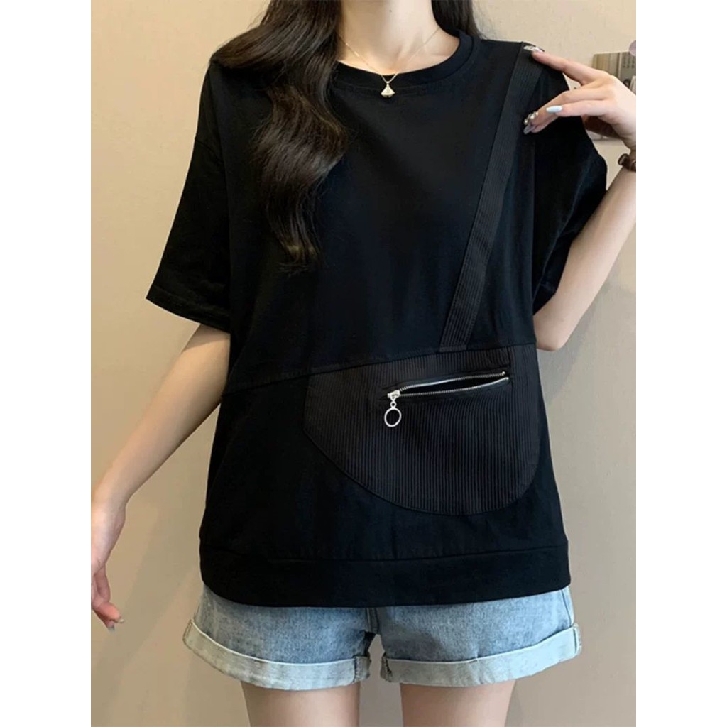 Plus Size Tummy Covering Design Zipper Pocket Short Sleeve T Women's ...