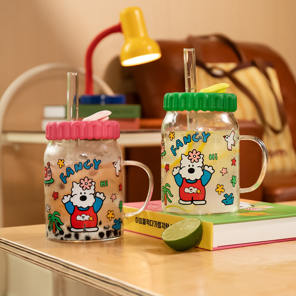 850ml Cute puppy glass cup with silicone lid and straw, Large lemon tea ...
