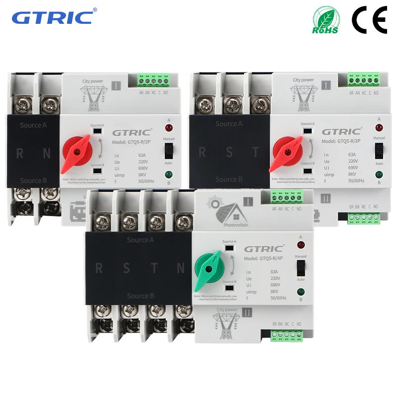 GTRIC Dual Power Automatic Transfer Switch 2P 3P 4P Din Rail 220V AC 63A 100A Selector Switches ...