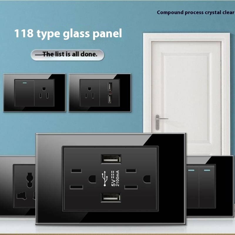 Type 118 Taiwan Switch Socket Black Tempered Glass Household 110V American Standard Thai Wall ...