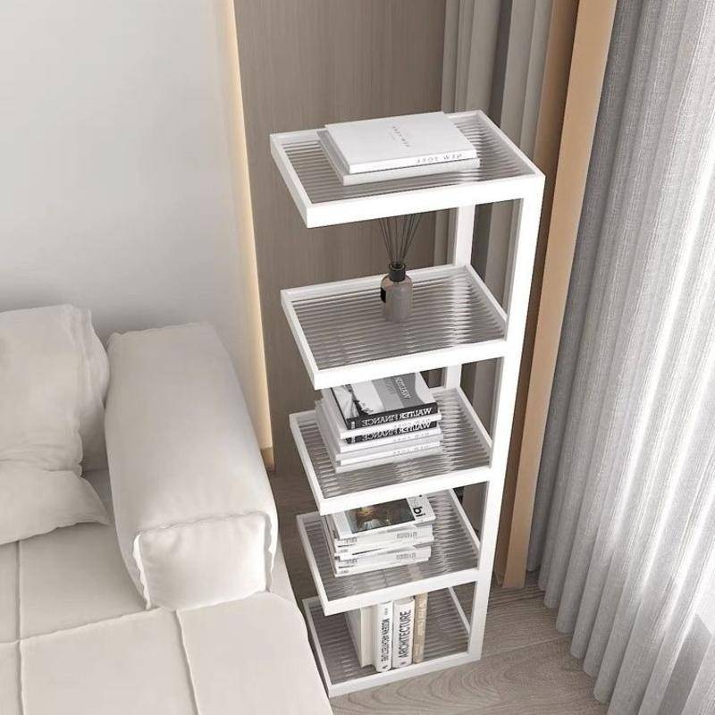 Iron bookcase landing against the wall corner narrow slit storage shelf ...
