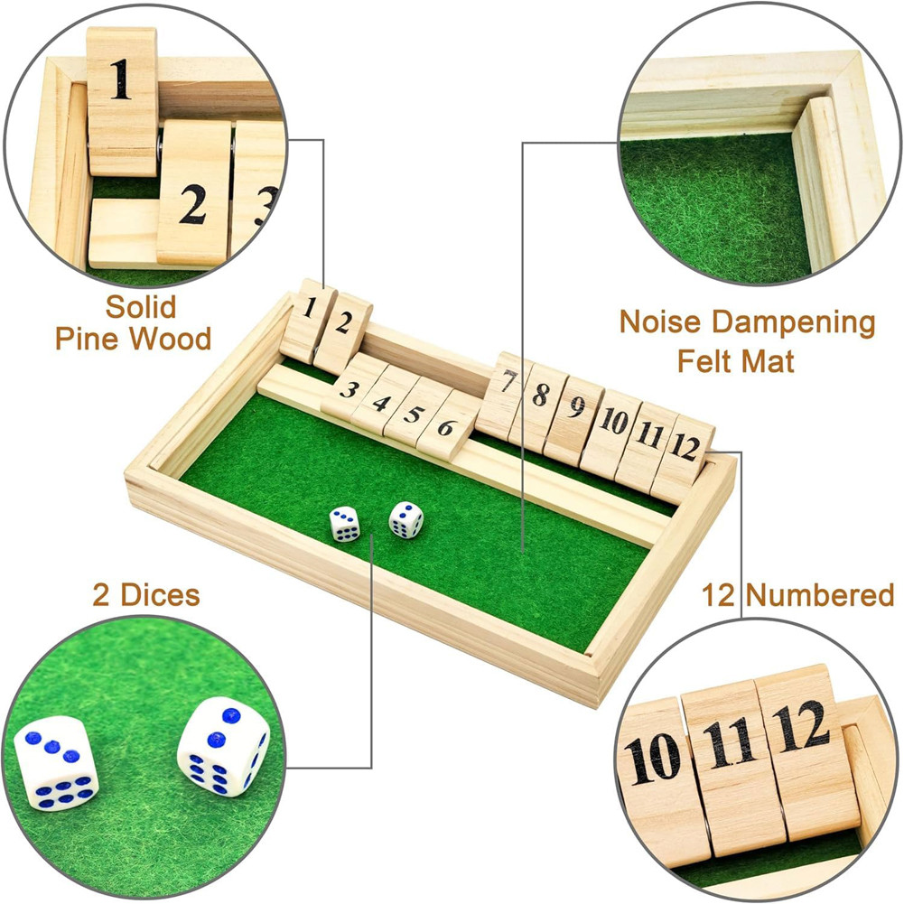 Wooden Shut The Box Game with 12 Numbers Dice Game 2 Players and Up ...