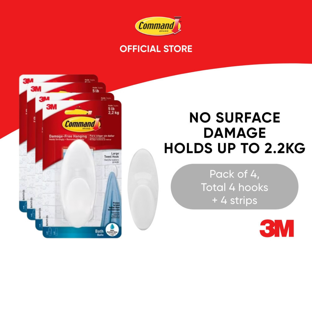 3M™ Command™ Large Towel Hook, BATH-17, Water resistant, No Surface Damage, 1 pc/pack, For ...