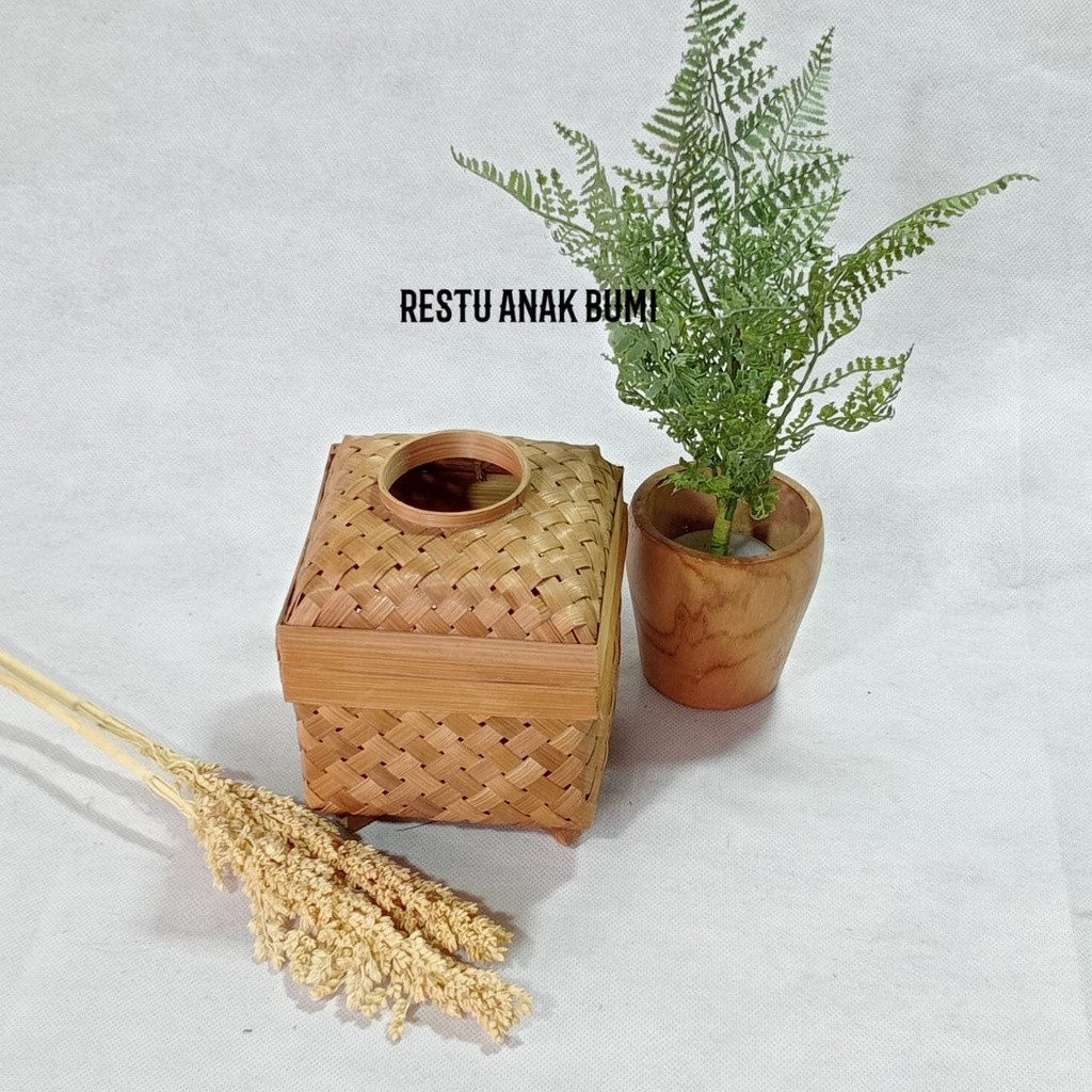 (A028) Dining tissue box 12x12cm tissue container | Unique woven bamboo ...
