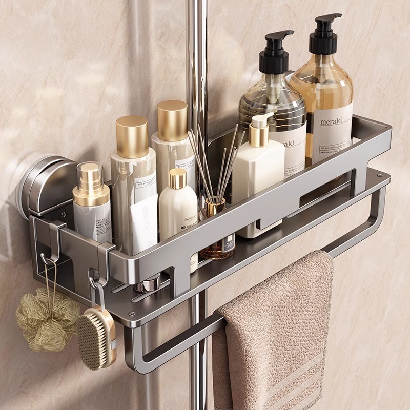 No Drilling Lifting Rod Shampoo Tray Bathroom Suction Cup Storage Rack ...