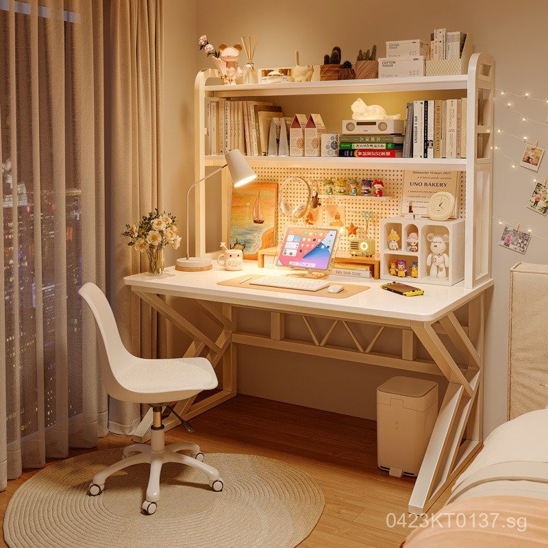Study Desk Wind Cream Desktop Home Bedroom Computer Desk Bookshelf ...
