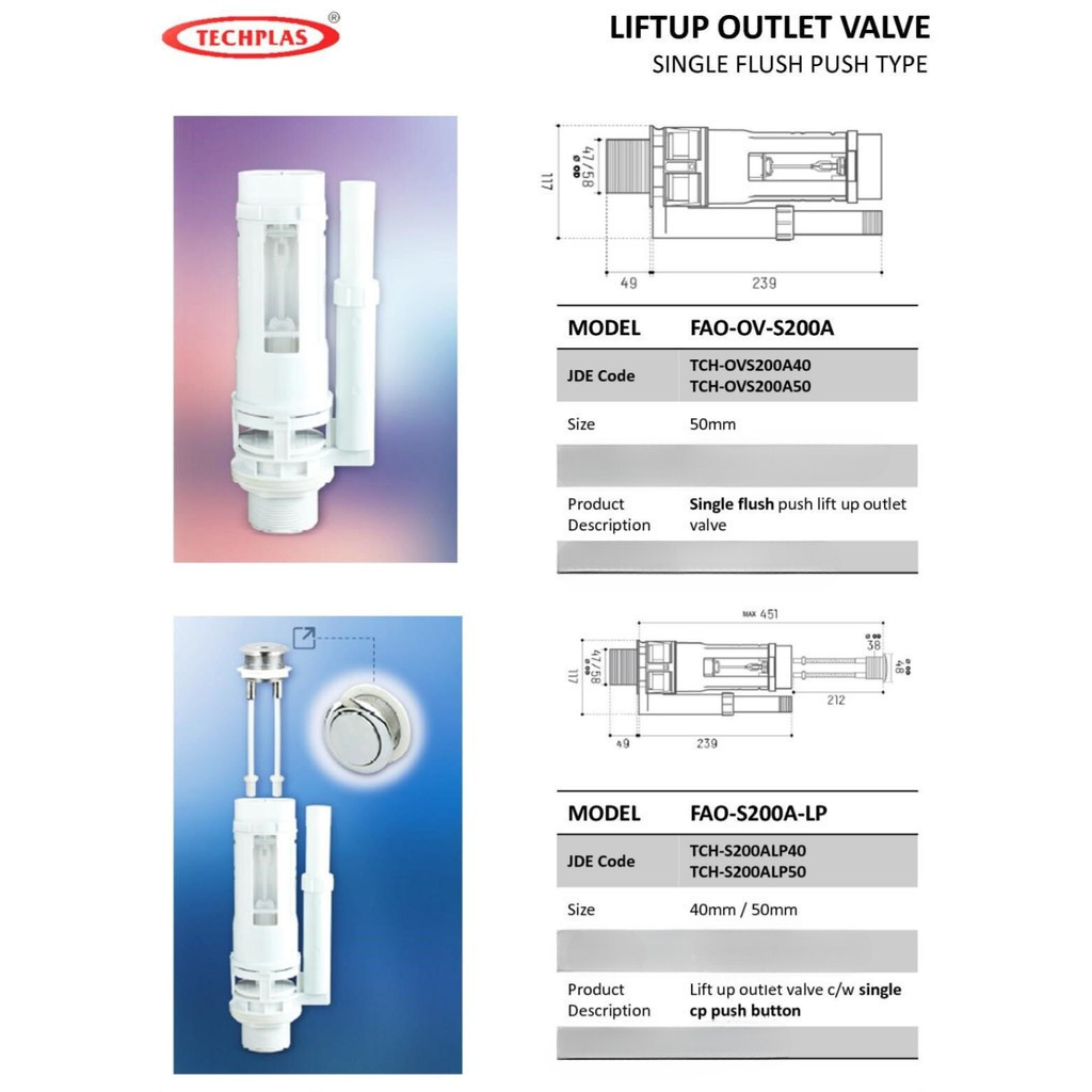 Techplas (FAO-OV-S200A Valve Only)(FAO-S200A Single CP Push Button)40mm/50mm Liftup Outlet Valve ...