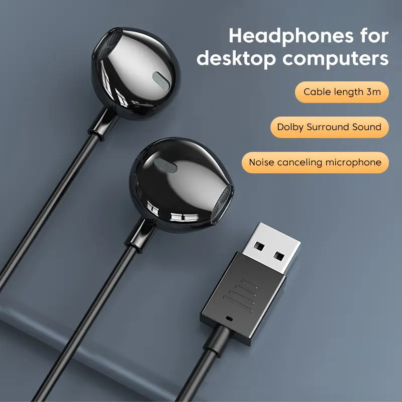 3M Long USB Wired Headphones In-ear Earphones With Mic USB-A Cable ...