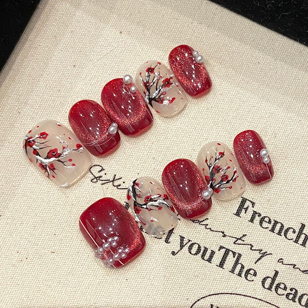 [5in1 Toolkit+HANDMADE]Hand-painted Winter Plum New Pearl Red Smile Cat ...