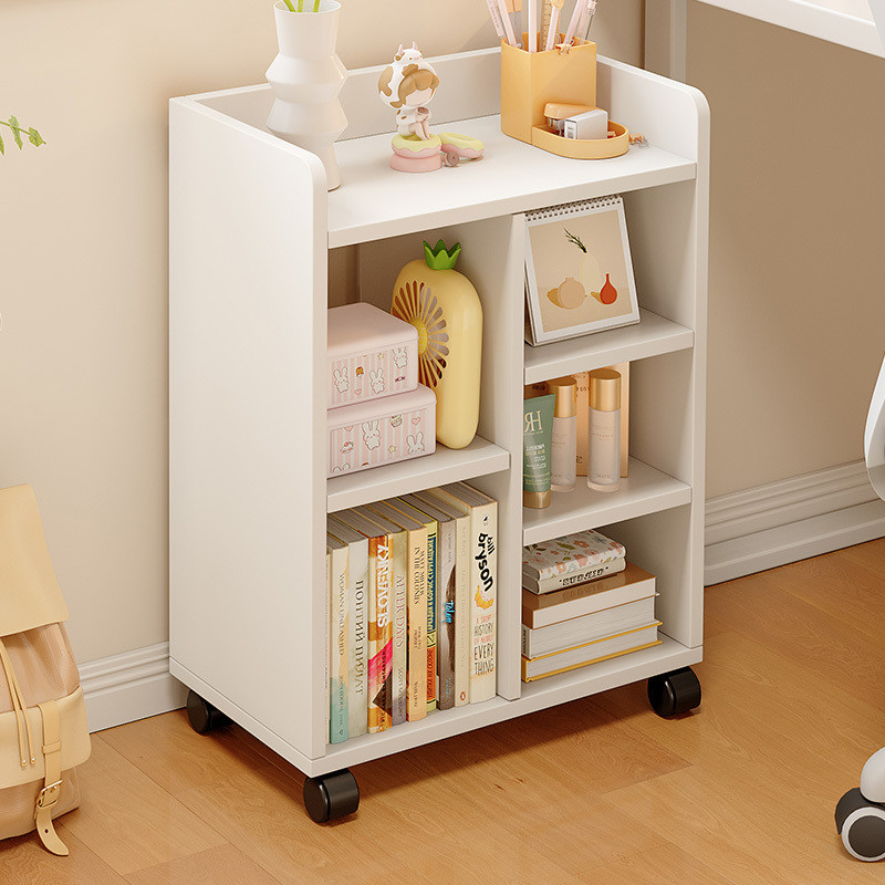 Bookshelf Floor Storage Rack Movable Wooden Bookcase with Wheels under ...