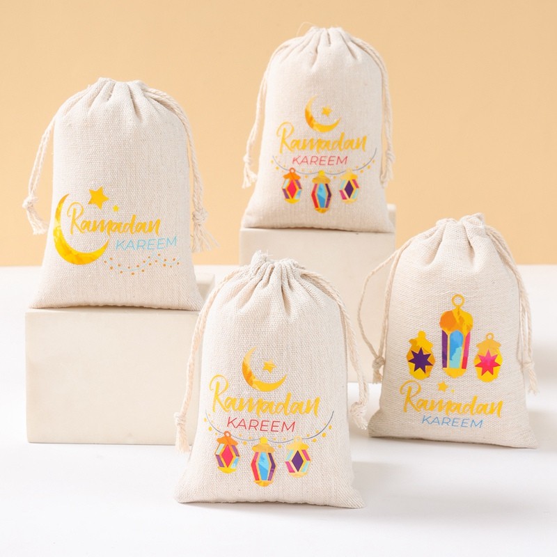 6pcs Linen Eid Lantern Castle Goodies Bags Eid Ramadan MUBARAK Candy ...