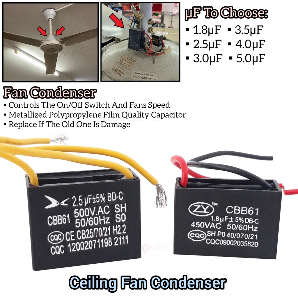 1.8UF to 5UF Ceiling Fan Square Condenser Capacitor For Home House ...
