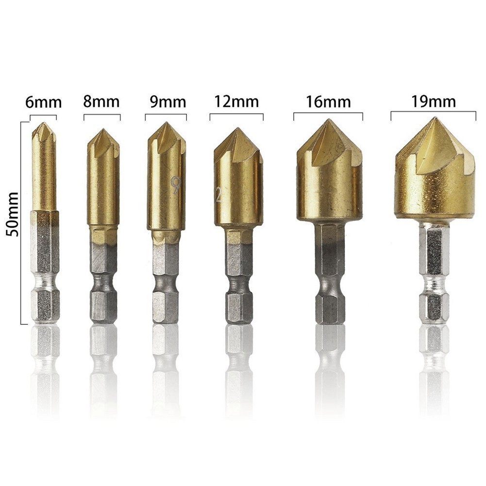 6pcs HSS Countersink Drill Bit Set Hex Shank 5 Flute Chamfering Cutter ...