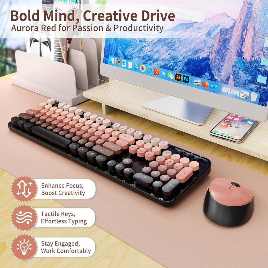 Wireless Keyboard and Mouse Combo, Retro Typewriter Keyboard with Round ...