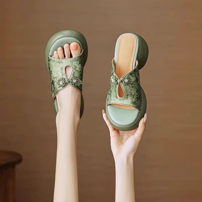 Chinese Style Silk Thick Heel Slippers Women 2024 All-Match Outer Wear ...