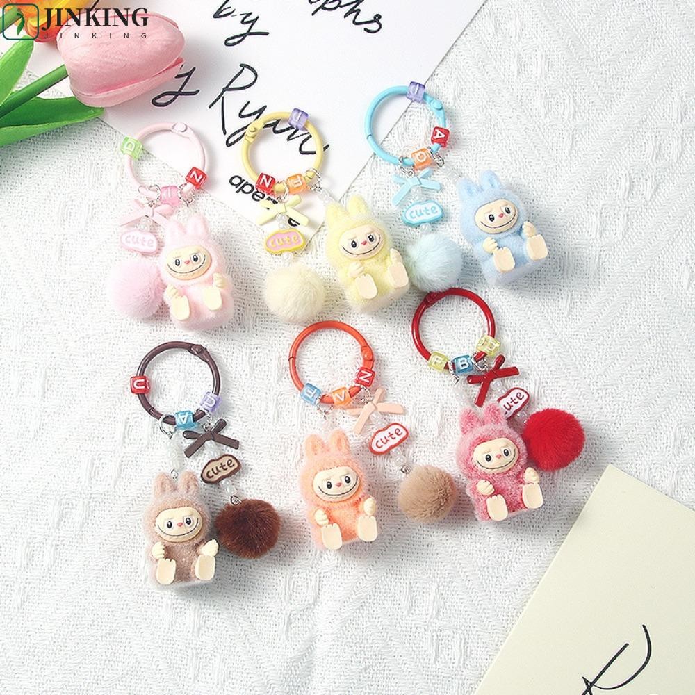 JINKING Flocking Labubu Key Ring, Silica Gel Plush Ball Sit Down Labubu ...