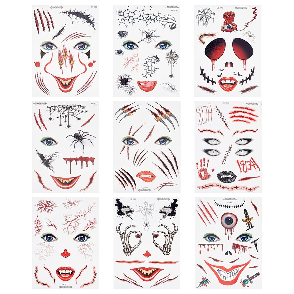 GORGECRAFT 9 Sheets Scary Halloween Face Temporary Tattoos Scab Blood ...