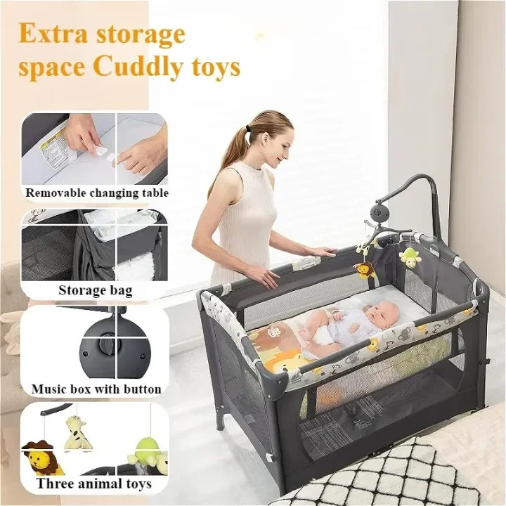 4-in-1 Baby Crib Foldable Baby Cot Height Adjustable with Changing ...