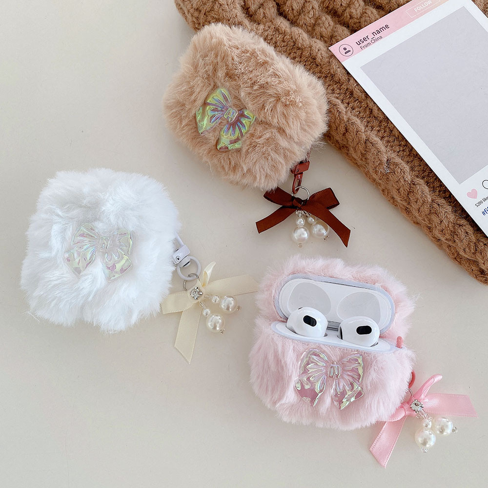 Winter Fluffy Plush Fur Bow knot Pendant Earphone Case For Apple ...