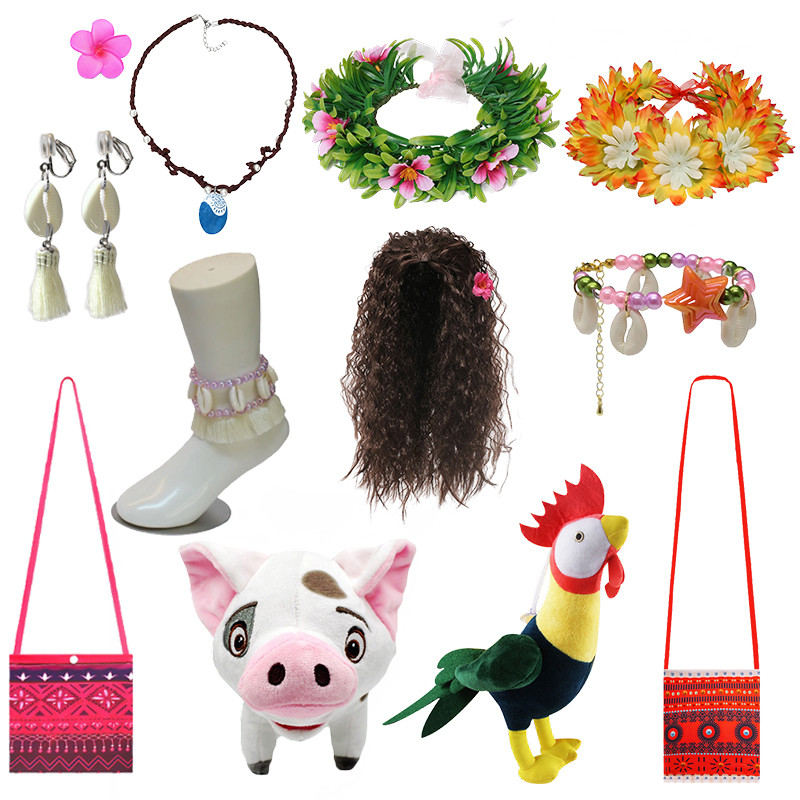 Baby Girls Moana 1&2 Wig and Necklace Flower Clip Dress Up Set Carnival ...