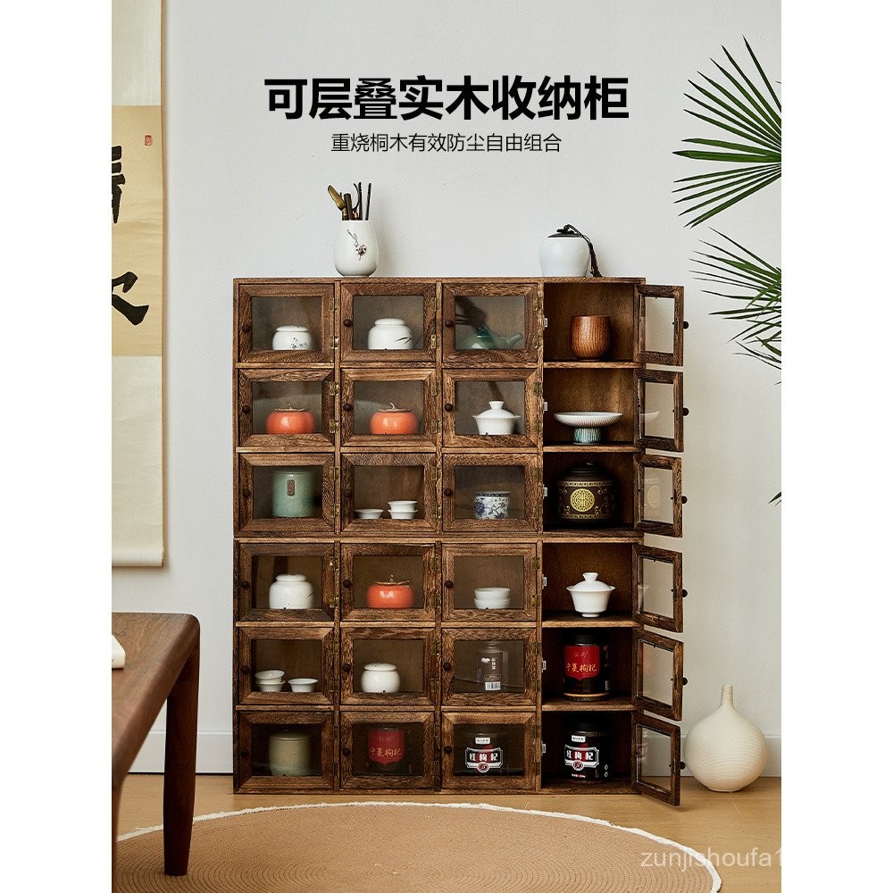 Solid Wood Tea Set Storage Cabinet with Doors, Purple Clay Teapot Multi ...