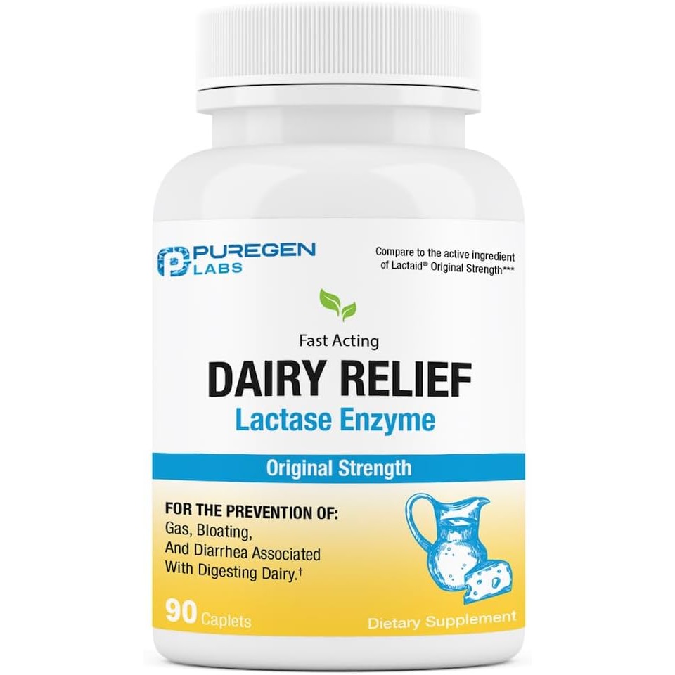 Puregen Labs Dairy Relief Natural Fast Acting Lactase Enzyme 3000 FCC ...