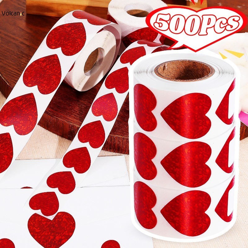 500Pcs/Roll Red Love Heart Shape Stickers Glitter Sealing Labels for ...