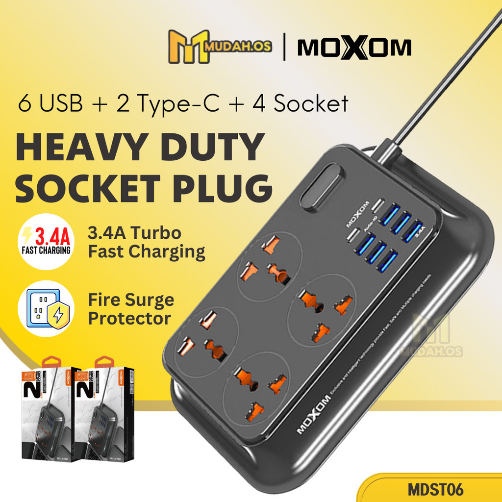 MOXOM Extension 3 Pin Plug With USB 4 Gang Power Socket Extention Type ...