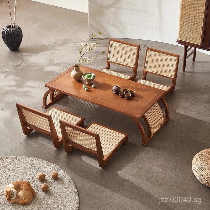Japanese Style Small Table Solid Wood Rattan Weaving Tea Room Tatami Table and Chair Set Zen Tea ...