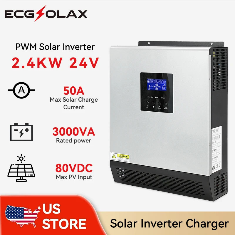 hybrid solar inverter 24V 110V ECGSOLAX 2400W Off-grid Solar Inverter 3000VA 120V Max PV 80VDC ...