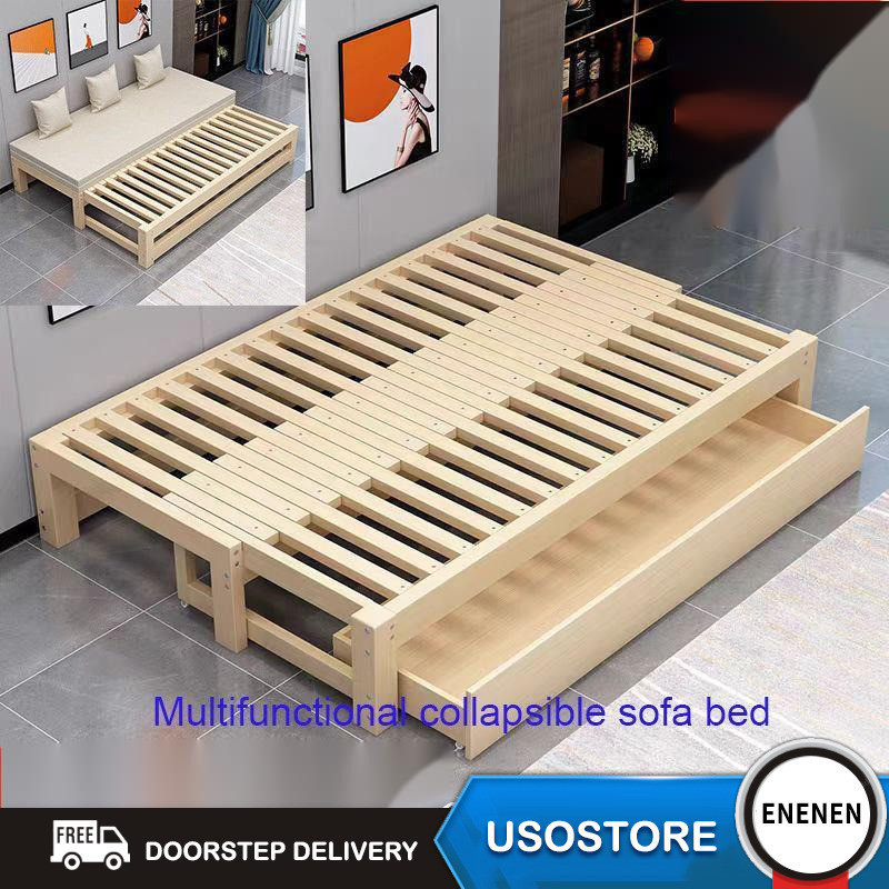 Solid Wood Push-pull Sofa Bed Multi-functional Folding Bed Pull-out ...