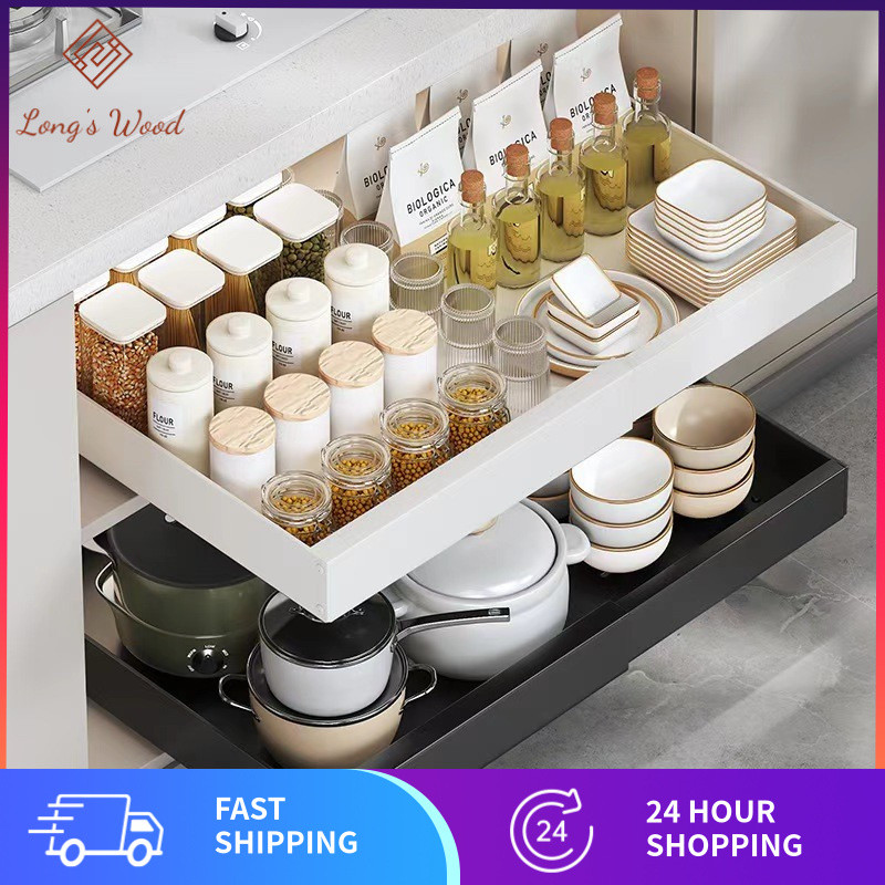 (SG STOCK) Pull-Out Kitchen Storage Rack No-Drill Drawer Cabinet Dish ...