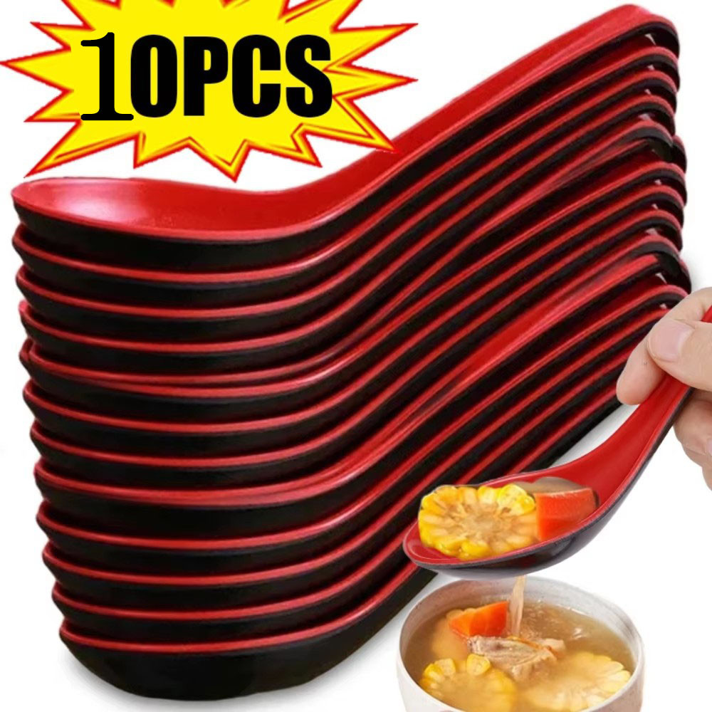 10Pcs Red Black Soup Spoons Melamine Anti-Shock Plastic Spoon with Hook ...