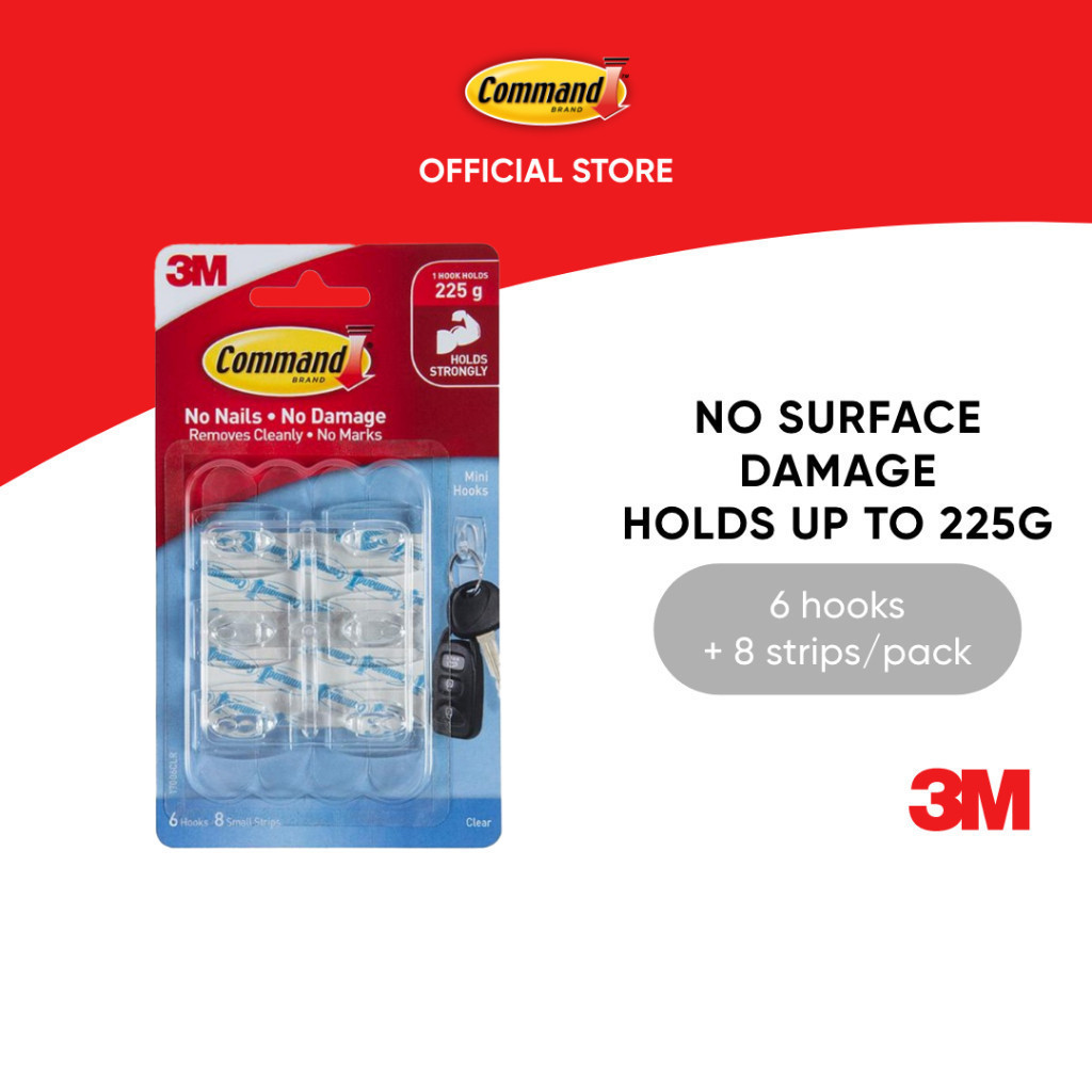 3M™ Command™ Mini Hooks, 17006CLR, No Surface Damage, Holds Up to 225g ...