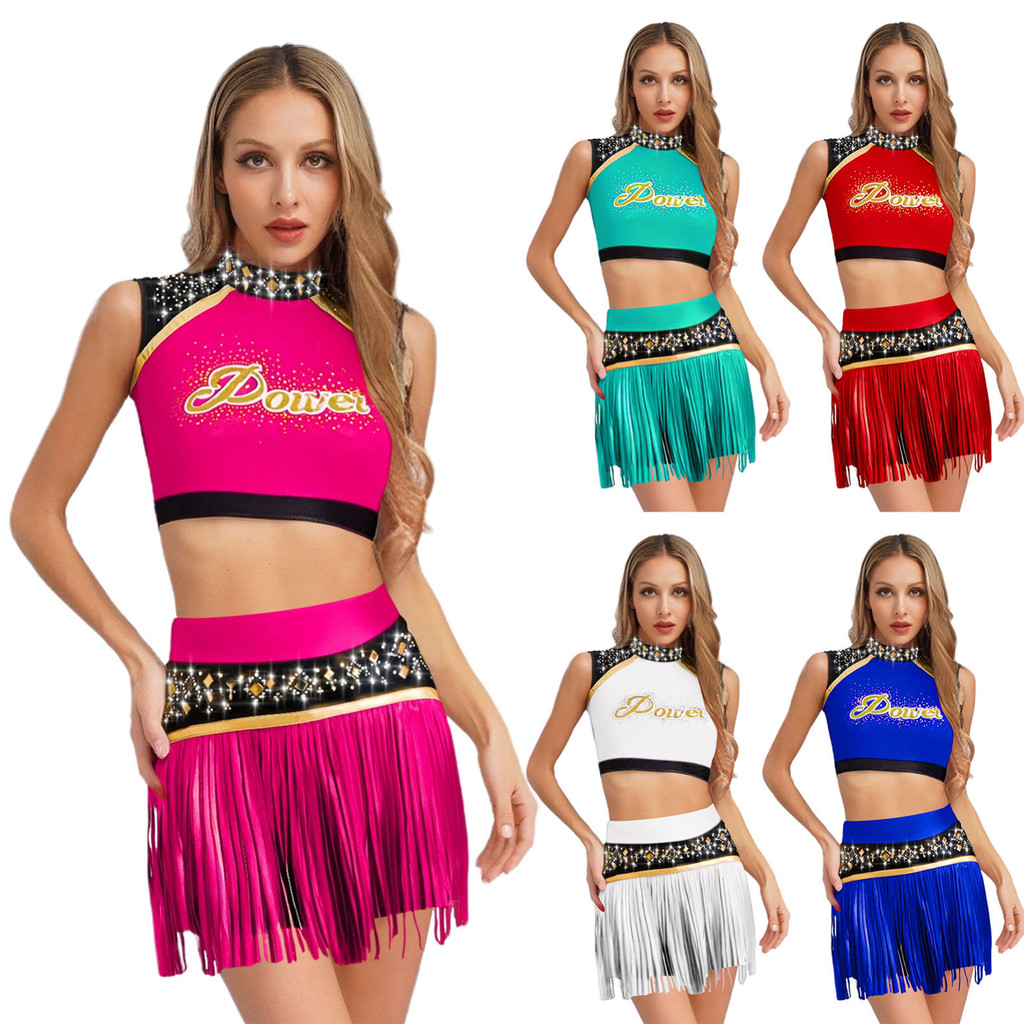 Raenseen Women Shiny Rhinestone Cheerleading Uniform High School ...