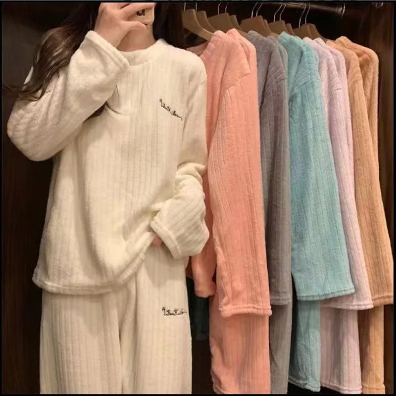 Autumn Winter Warm Flannel Women Pyjamas Sets Thick Coral Velvet Long ...