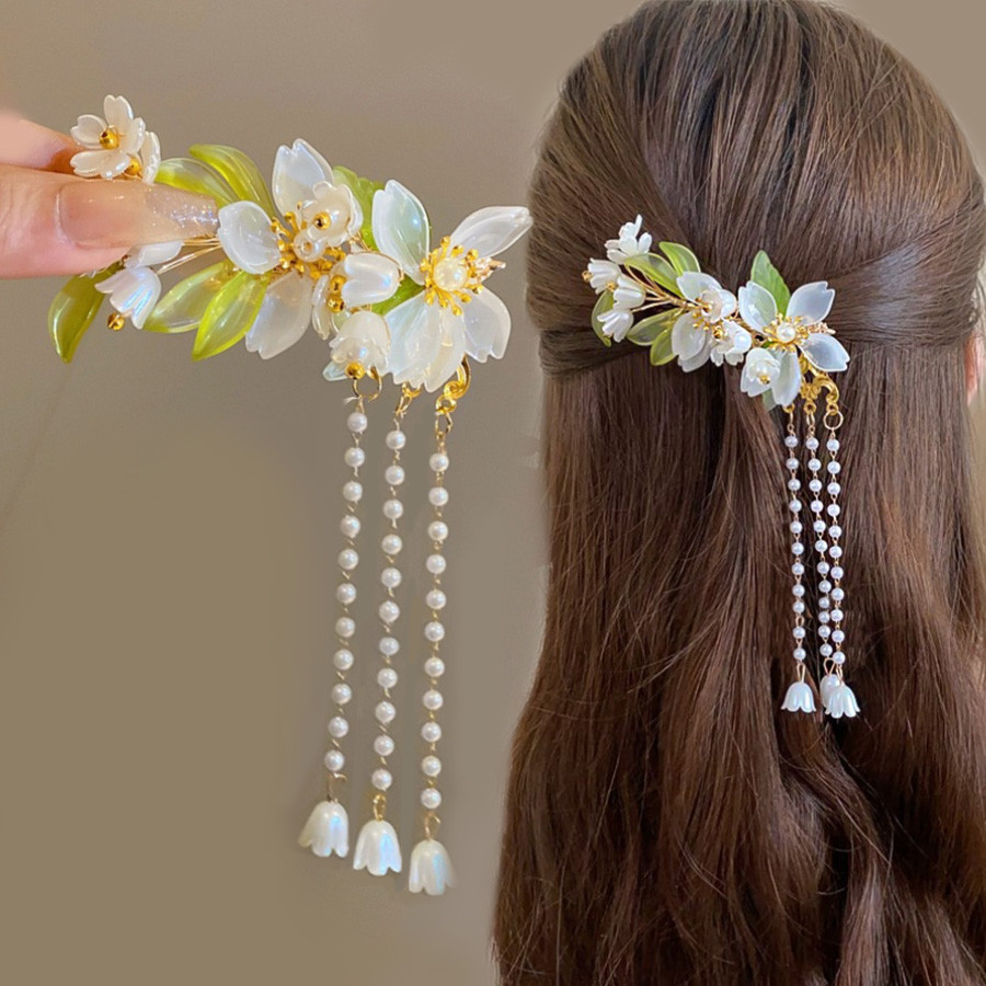 New Chinese Style Exquisite Elegant Flower Pearl Tassel Duckbill Clip ...
