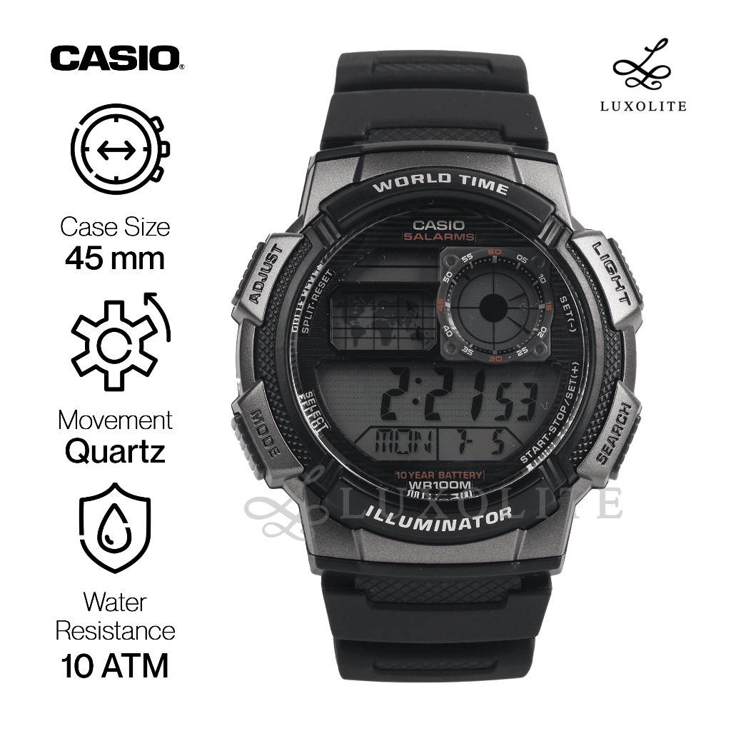 [Luxolite] Casio AE-1000 AE-1000W-1AVDF Aircraft Cockpit Men Black Digital Watch AE1000W-1A AE ...