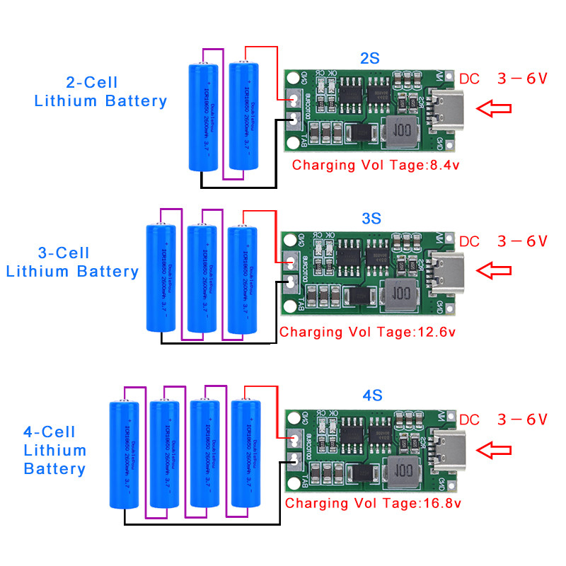 DIY 18650 Lithium Battery Multi-Cell 2S 3S 4S Type-C To 8.4V 12.6V 16 ...